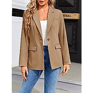 Cnkwei Womens Blazer for Work Casual Long Sleeve Lapel Collar Open Front Button Solid Color Blazer Jackets with Pockets Khaki