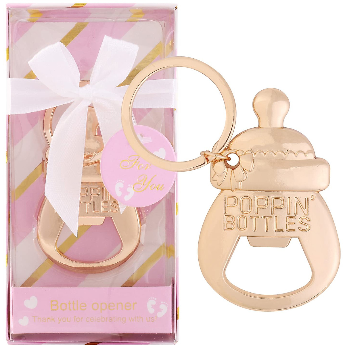 24 Pack POPPIN BOTTLES Key chain Bottle Opener Girl Baby Shower Favors for Guests Girl Baby Shower Souvenirs Bottle Opener,Girl Pink Baby Shower Decoration Supplies (Pink, 24)