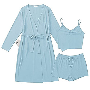 Ekouaer 3 Piece Lounge Sets for Women Cami Shorts Pajama Set with Belted Robe Matching Loungewear Light Blue
