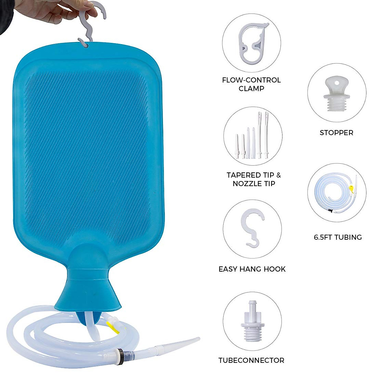 Enema Bag 2L Home Enema Kit with 6.5ft Long Silicone Hose, Enema Tips, Controlable Water Flow Valve, 2 Quart Capacity Hot-Water Bottle for Colon Cleansing Enemas