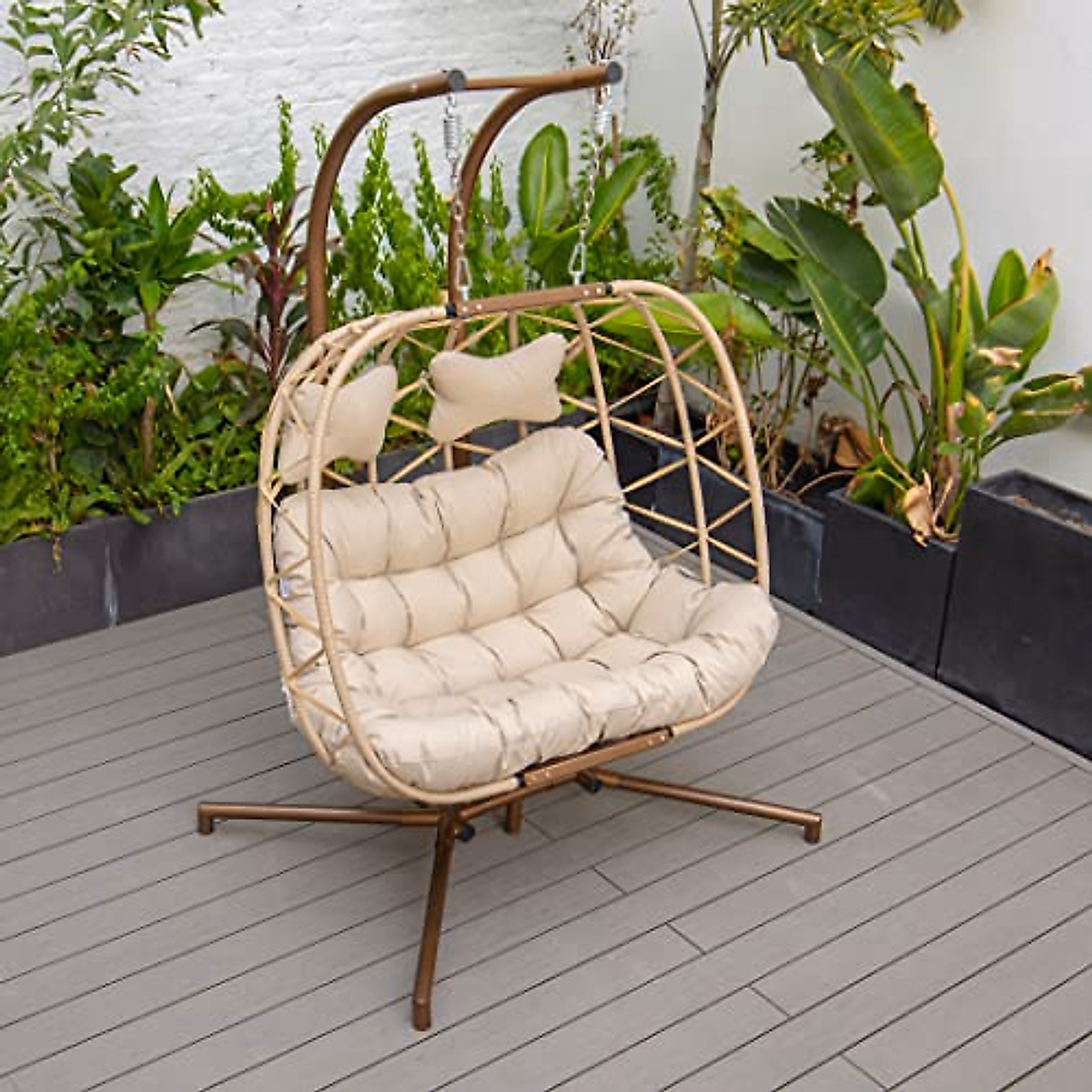 BULEXYARD Outdoor Double Swing Egg Chair with Stand for Bedroom, Indoor 2 Person Hanging Chair Foldable Twins Patio Chair, Large Hand-Woven Wicker Garden Loveseat Hammock Chair w/Cream Thick Cushion