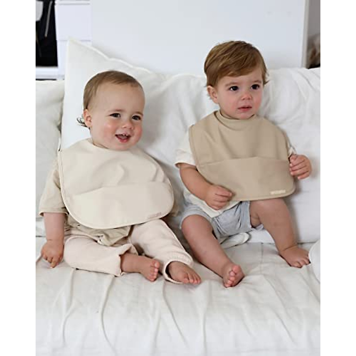 WILLOW + SIM Waterproof Baby Bibs for Baby boy - Better than Silicone & Plastic - Toddler Bibs with Food Catcher - Baby bibs for boys, Feeding bib for Babies and Infants - No Sleeve - Irish Cream