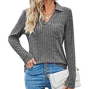 Women's Fashion Pullover Knitted Ribbed Shirts Long Sleeve V-Neck Blouse Tops Casual Fall Clothes for Women 2024 Cute Sweatshirts Dark Gray