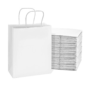 Prime Line Packaging White Kraft Paper Gift Bags with Handles for Small Business, Boutiques, Retail, Shopping, Birthdays, Favors, Bulk, 8x4x10 50 Pack