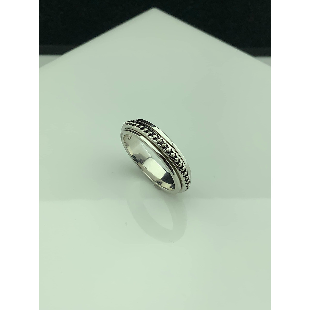 SILVERCLOSEOUT Rhodium Plated 925 Sterling Silver Unisex Oxidized Bali Style Fidget Spinner Anxiety Relief Ring - Size 8