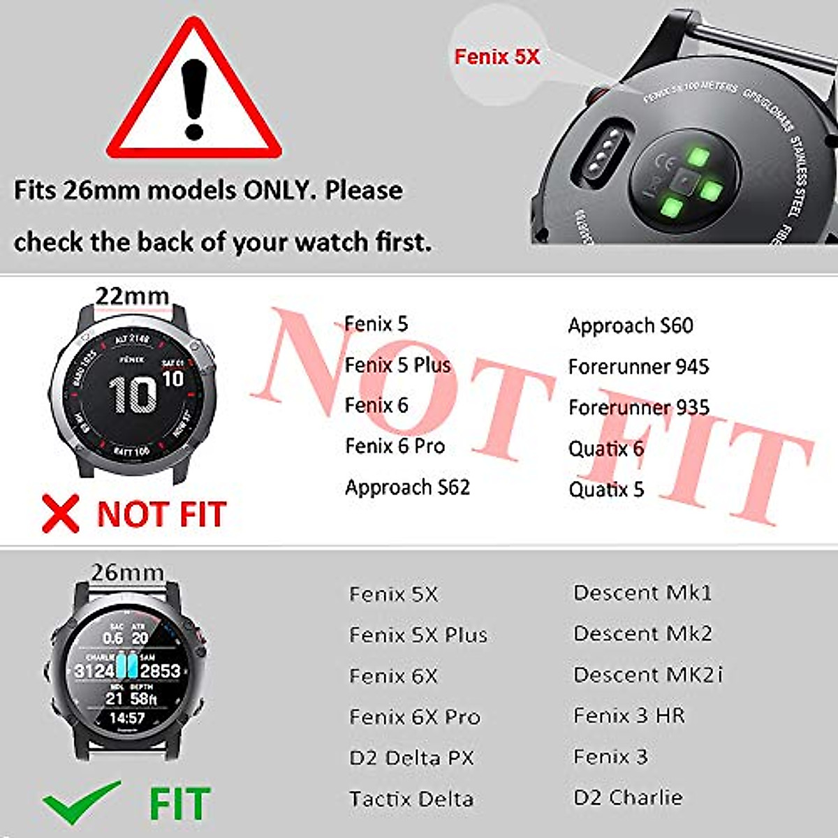 ANCOOL Compatible with Fenix 6X/7X Band 26mm Easy-fit Soft Silicone Watch Band Replacement for Fenix 5X/Fenix 5X Plus/Fenix 3/Fenix 6X Pro/Descent Descent MK2i Smartwatches (Black)