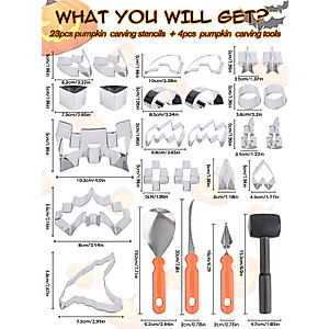 Rolcoassuns 27PCS Halloween Pumpkin Carving Kits,Pumpkin Carving Tools Set with 23PCS Stainless Pumpkin Carving Stencils,3 Carving Tools&1 Mallet for Adults Kids Easy Safe Fun DIY Halloween Decoration
