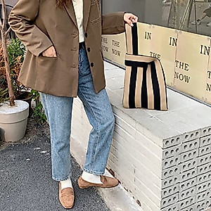 Stripe Wrist Tote Knitting Handbags Japanese Knot Purse Light Shopping Bag Beach Bag for Women (Brown-black)