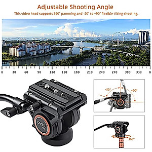 Cayer H6 Video Fluid Head, Camera Tripod Fluid Drag Pan Head with 60 mm Flate Base, 2-Section Pan Bar Handle, 1/4 and 3/8 Screws Sliding Plate for DSLR Cameras Video Camcorders, Max Loading 13.2LB