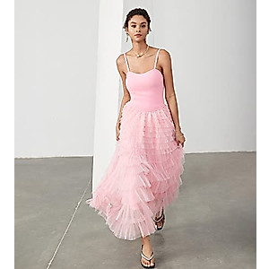 Women's Tulle Maxi Dress Spaghetti Strap Layered Fluffy Ruflfle Prom Birthday Party Long Dress