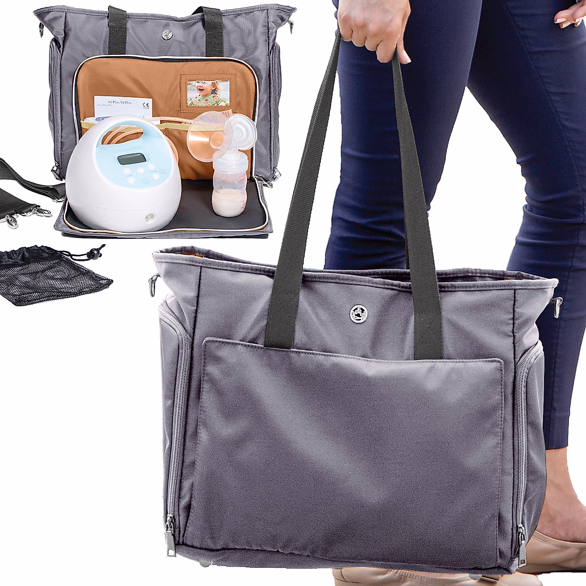 Zohzo Lauren Breast Pump Bag - Portable Tote Bag Great for Travel or Storage – Includes Padded Laptop Sleeve - Fits Most Major Pumps Including Medela and Spectra Breastpump (Black)
