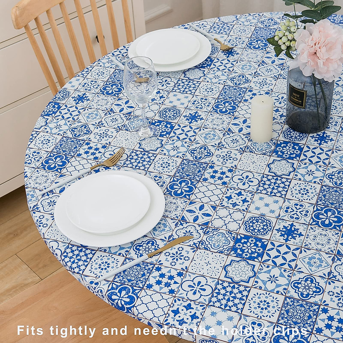 LIBERECOO Round Vinyl Fitted Tablecloth with Flannel Backing Elastic Edge Plastic Table Cover Waterproof Table Cloth Stain-Resistant Wipeable for 40"-44" Round Table