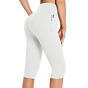 baleaf Women's High Waisted Capris Casual Summer Knee Length Leggings Petite Yoga Casual Workout Exercise Capris with Pockets White XL