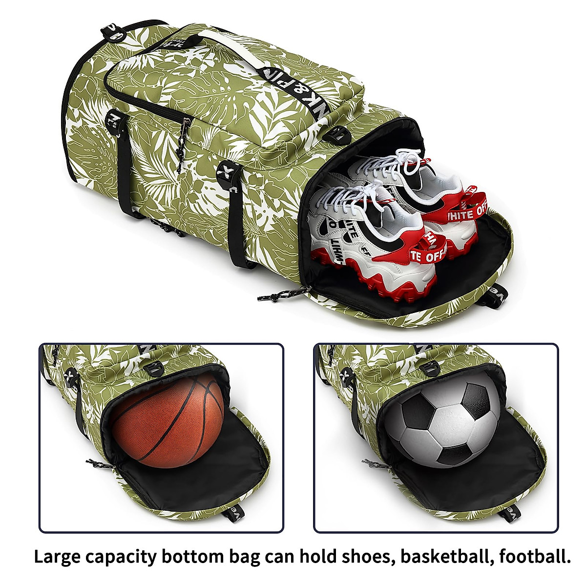 Floral gym duffel bag backpack, fashion wrestling bag,with shoe compartment, 4 kinds of back method waterproof travel sports walking laptop Lightweight (A-Floral Green)