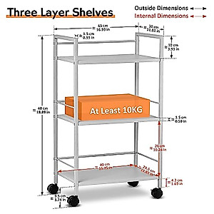 WORCAS 3 Tier Metal Storage Shelves with Wheels, Utility Cart,Versatile Large Capacity Heavy Duty Cart for Kitchen Bathroom Office Garage Warehouse(White)