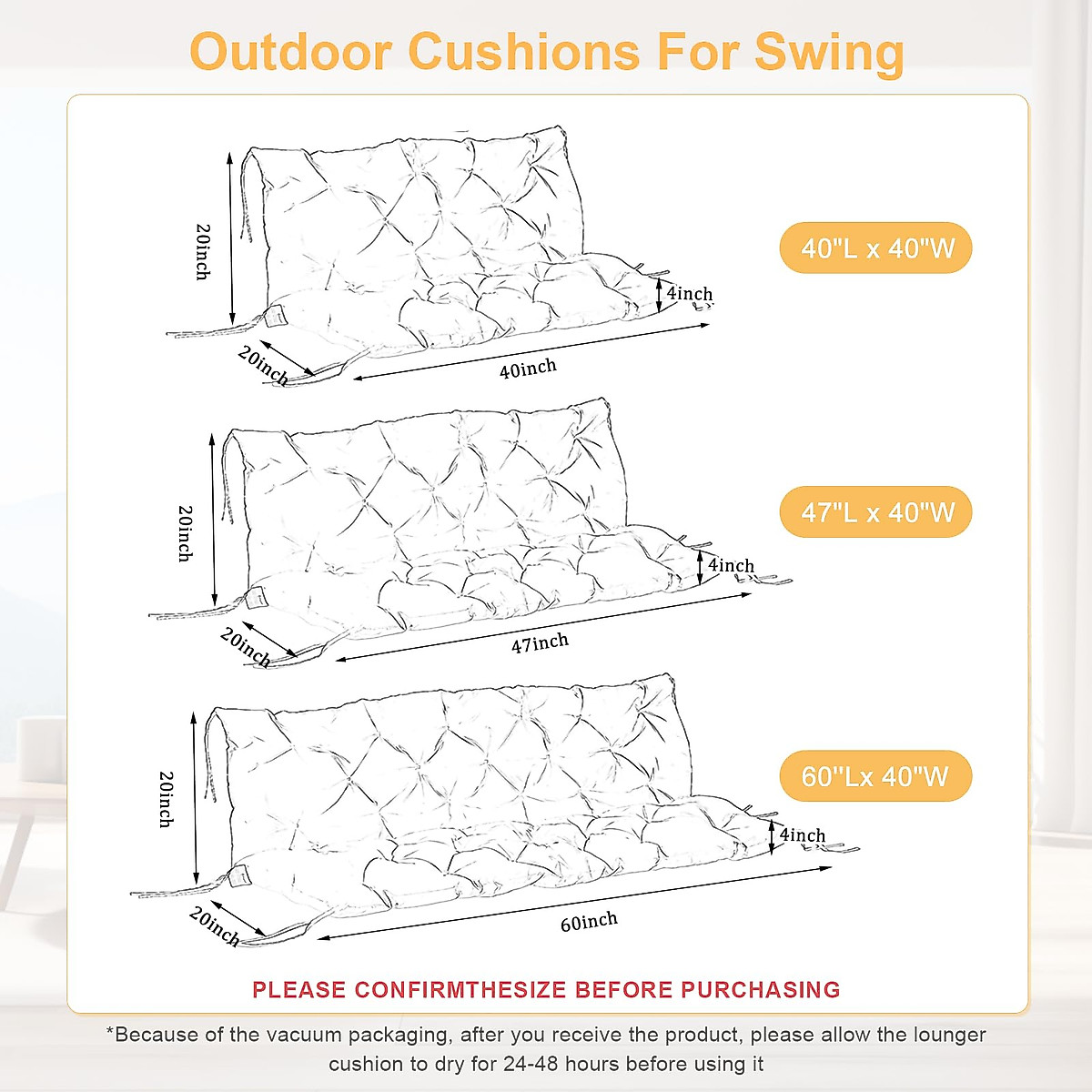 Porch Swing Cushion with Backrest,Waterproof Bench Cushion for Outdoor Furniture,2-3 Seater Replacement Thickened swing cushion with Ties,Patio,Outdoor,Backyard and Garden (Light Coffee,40x40")