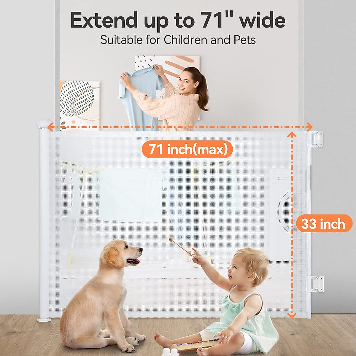 COMOMY Retractable Baby Gate for Stairs, 0-71" Mesh Dog Gate for House Doorways Hallways, 33" Tall Extra Wide Child Safety Gate for Kids Pets, Indoor and Outdoor (White)