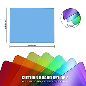 Fotouzy Plastic Cutting Boards for Kitchen, Flexible Cutting Mats Set of 7, BPA-Free, Non-Porous, Dishwasher Safe, 15x12 In, 7 Translucent Colors