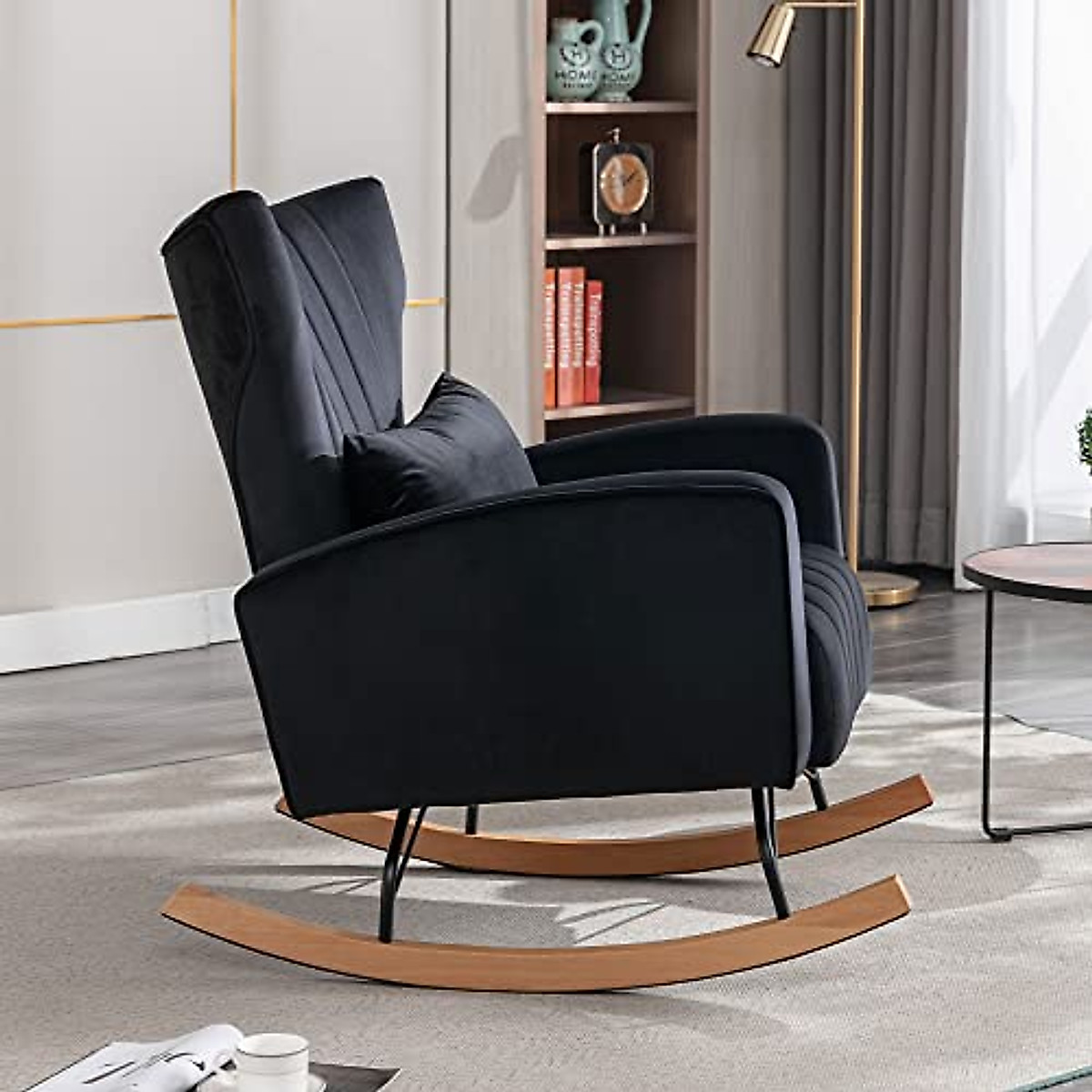 DM Furniture Velvet Rocking Chair Upholstered Nursery Glider Rocker for Baby Comfy Nursing Armchair Side Accent Chair for Living Room Bedroom, Black