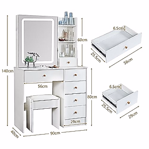 JBLCC Vanity Desk with Mirror and Lights,Makeup Vanity with Sliding Mirror, Makeup Table Set with Storage Shelves, Drawers, Modern Vanity Table for Bedroom (62706led)
