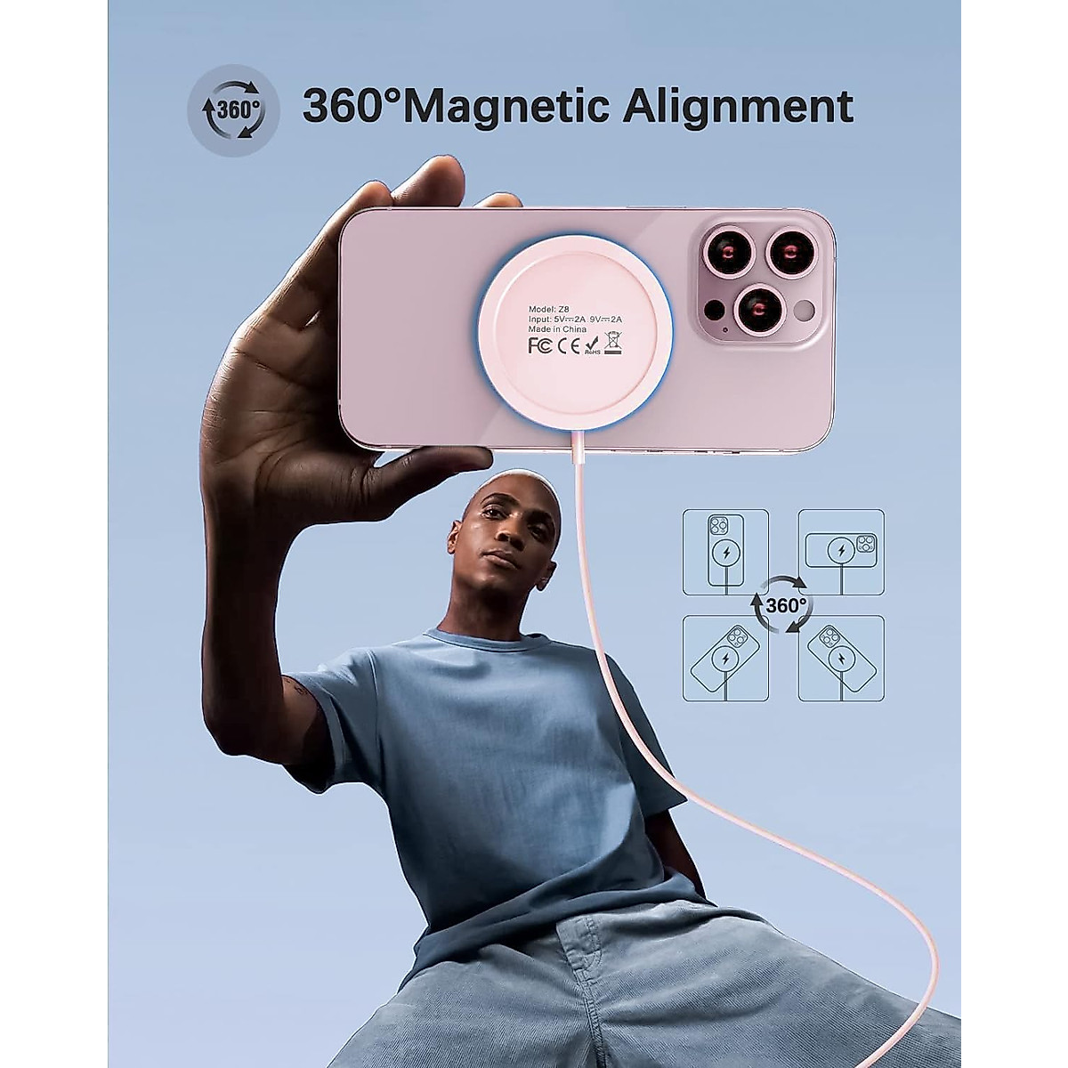 Magnetic Wireless Charger Fast Apple Mag-Safe Charger for iPhone 15 Pro Max/15 Pro/15/15 Plus/14/13/12 Series AirPods 3/2/Pro/Pro 2 LED Magnet Charging Pad with Dual Charging Ports Pink