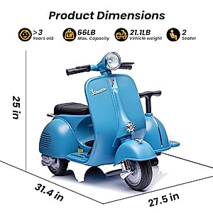 Licensed Vespa Ride-On Motorcycle with Side Car - 6V Electric Car for Boys and Girls - Two-Seat Ride-On Toy with Music and Storage Bin (Blue)