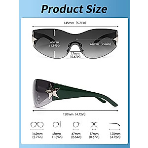 JM Rimless Y2K Sunglasses for Women Men, Oversized Trendy Shield Wrap Around Shades Green/Gradient Grey
