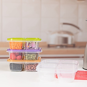 Finorder 6 Pack 4-Compartment Snack Containers, Reusable Food Containers for Kids School, Adults Office, Picnic Trip, Lunch Bento Box Meal Prep Containers (Bright Color Set)