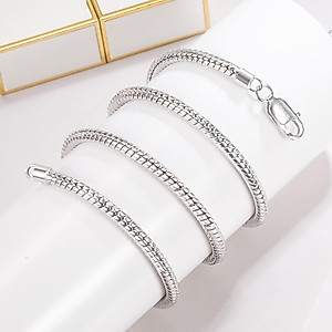 Dankadi Italy 925 Sterling Silver Snake Chain Necklace Men & Women 3MM-4MM Rolo Link Round Chain Chokers 16 "18 "20" 22 "24" 26 "28" 30" Unisex Fine Jewelry Gift (4MM, 24 inches)