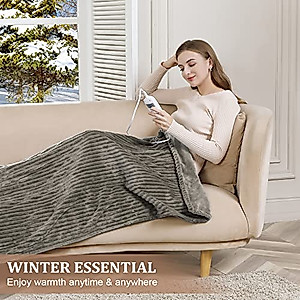 CAROMIO Heated Blanket Electric Throw - Fast Heating Throw Blanket 10 Heating Levels & 1-10H Auto Off Striped Flannel Electric Heated Blanket Throw for Home Office Use, 50x60 Inch, Khaki
