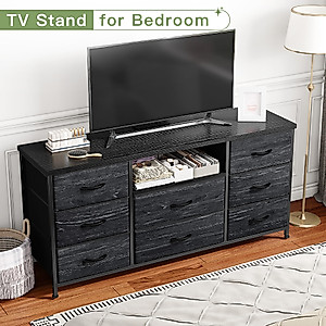 EnHomee Black Dresser with Power Outlets, 8 Drawers Dresser TV Stand for 55''TV for Bedroom Dresser Fabric Dressers & Chest of Drawers, Sturdy Dresser for Closet Living Room,Hallway