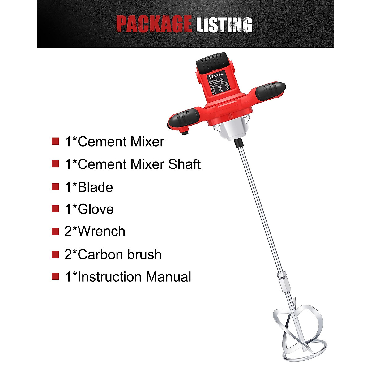 SILVEL Cement Mixer, 2300W Handheld Electric Concrete Mixer, Portable Mortar Mixer with 6 Adjustable Speed, 110V Mud Mixer for Mixing Mud, Cement, Mortar, Paint, Fodder