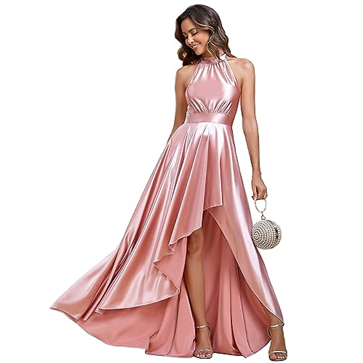 Ever-Pretty Women's Halter Ruched A-line Halter Summer Wedding Guest Dresses Pink US8