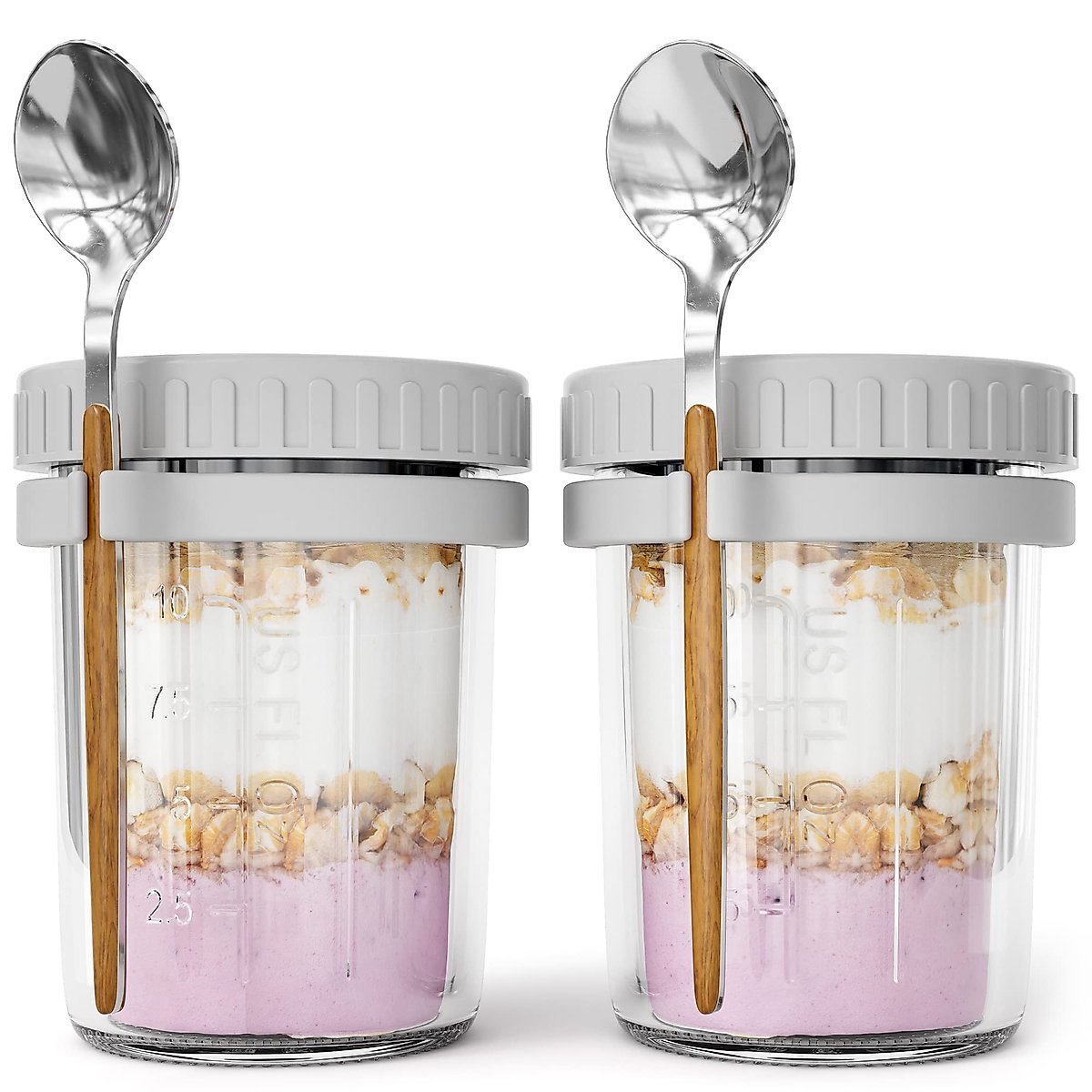 Overnight Oats Containers With Lid And Spoons | Mason Jars For Overnight Oats, Milk, Cereal| Small Containers with Lids | 10 OZ Each | Oatmeal Container | Includes Instructions & Recipes (Grey & Grey)