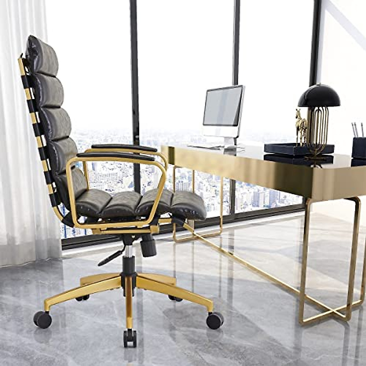 Hioryllks Modern Chair - Black Leather, Gold Frame, Adjustable, Durable, Office Use
