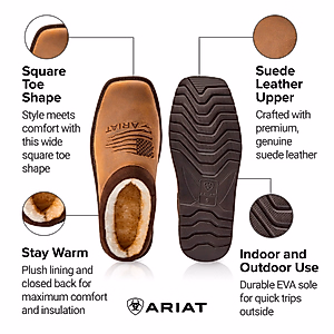 ARIAT Men's House Slippers, Patriot Square Toe, Leather with Faux Shearling Lining