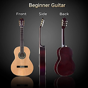 ADM Full Size Classical Nylon Strings Acoustic Guitar 39 Inch Classic Guitarra Starter Bundle for Adult with Free Lessons, Gig Bag, Tuner, Footstool, Kids Student Beginner Kits, Nature
