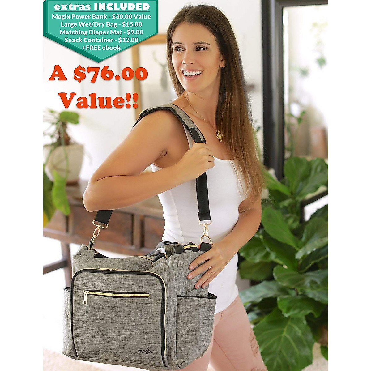 Mogix SMART Baby Diaper Bag with Portable Phone Charger, Changing Pad, Wet Dry Bag, Stackable Snack Container and Power Pack