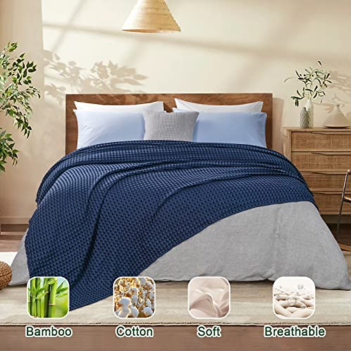 PHF Cooling Waffle Blanket, Queen Size, Lightweight, 60% Rayon from Bamboo & 40% Cotton, Breathable, Ultra Soft & Luxury, 90"x90", Blue