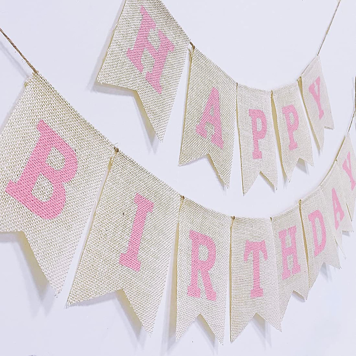 Burlap Happy Birthday Banner, Assembled Reusable Pink Happy Birthday Sign for Rustic Birthday Party Decorations
