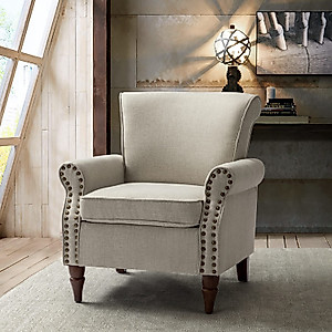 HULALA HOME Modern Accent Chair with Wood Legs & Removable Cushion, Wingback Small Armchair with Nailhead Trim, Comfy Upholstered Lounge Chair for Living Room Bedroom, Oatmeal