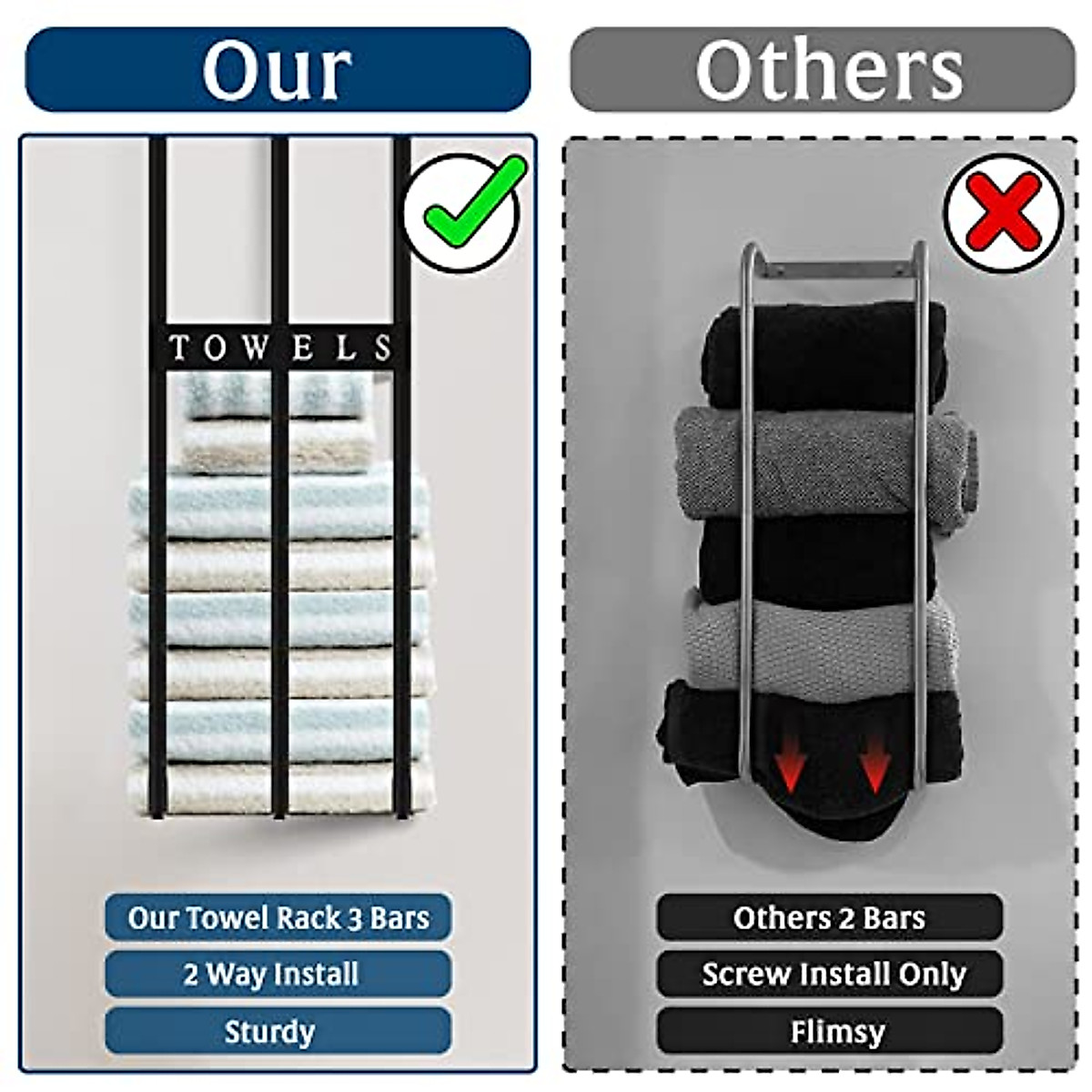 Towel Racks for Bathroom, EFOBO 3 Bar Wall Mounted Towel Holder, Waterproof Heavy Duty Towel Storage, for Folded Large Rolled Towel Washcloths, No Drilling(30x8.6x4.8 in)