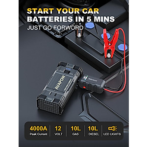 AVAPOW Car Jump Starter, 4000A Peak Battery (for All Gas or Up to 10L Diesel), Portable Booster Power Pack, 12V Auto Jump Box with LED Light, USB Quick Charge 3.0