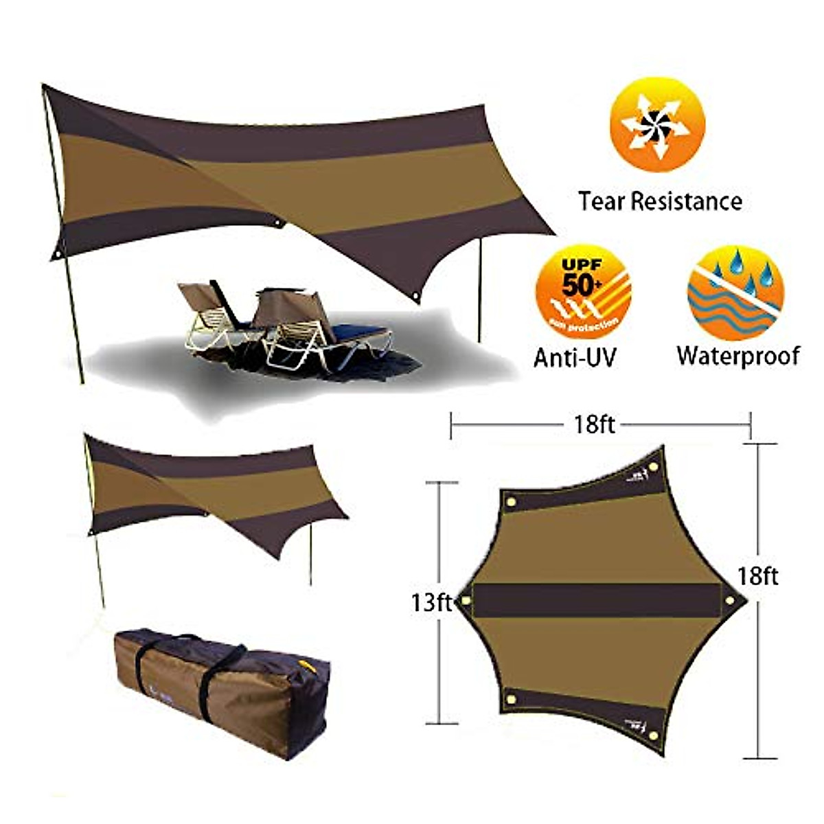 Hasika Camping Tent Tarp Extremely Large Canopy with 4 Poles Ripstop Sun Shelter Rainly for SUV Truck Picnic Activities