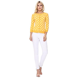 YEMAK Women's Polka Dot Cute Jacquard Crewneck Button Down Sweater Cardigan MK3104-RED-S