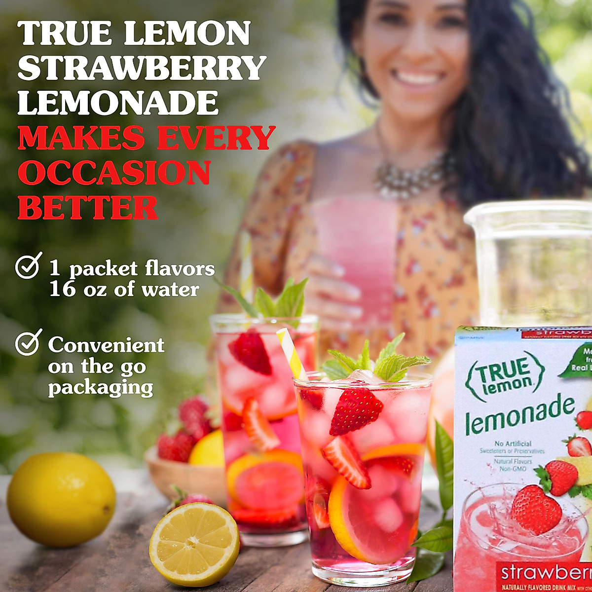 True Lemon Strawberry Lemonade Water Enhancer Drink Mix (30 Count), Low Calorie Drink Mix Packets for Water, Powdered Drink Mixes & Flavorings, Individual Drink Packets, Water Flavor Packets with Stevia