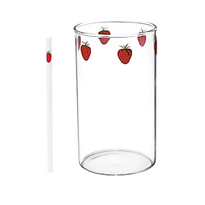 Alipis Glass Water Cup Strawberry Pattern Drinking Cup, Glass Milk Bottle with Straw, Clear Glass Tea Cup Juice Mug for Beverage Beer