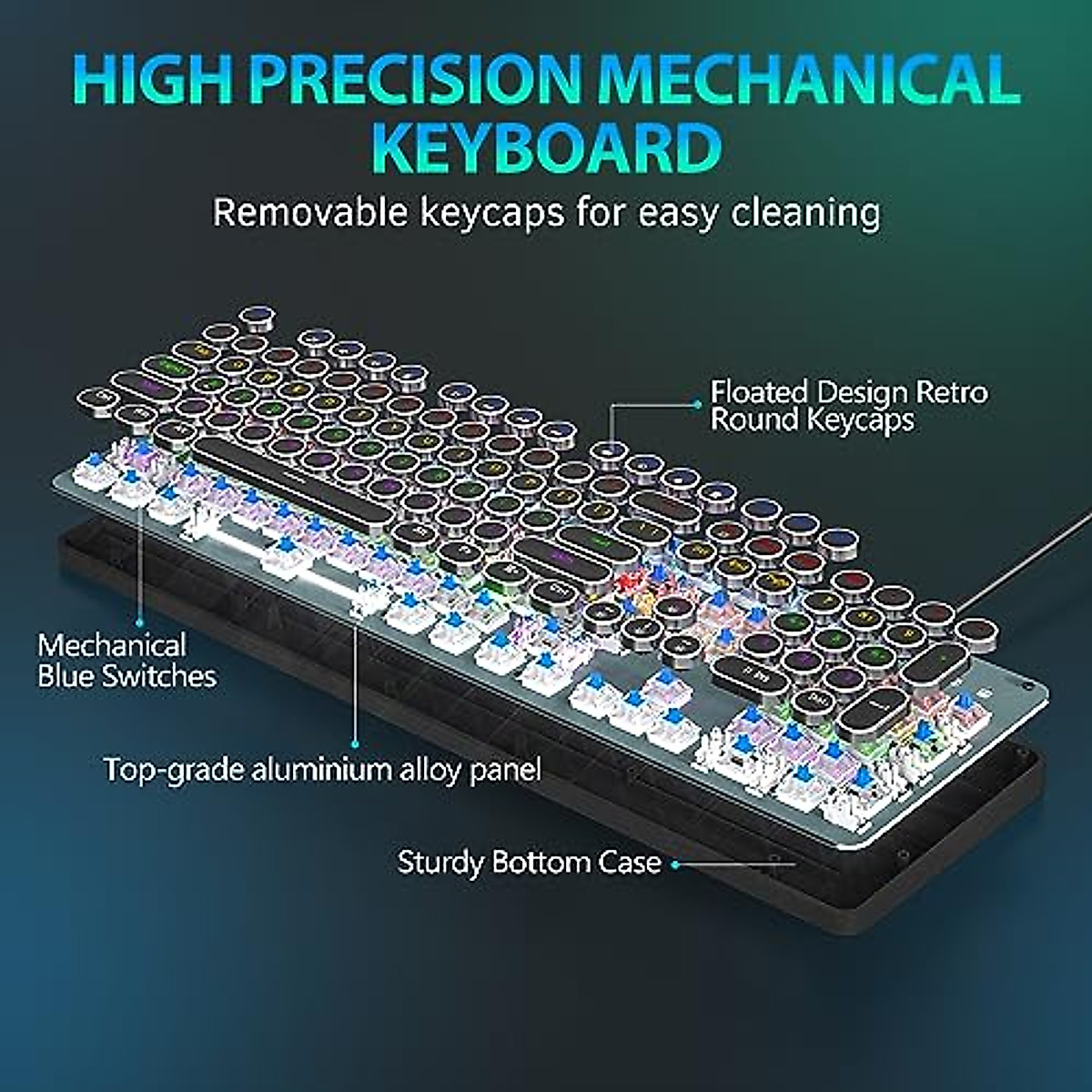 Typewriter Mechanical Gaming Keyboard Mouse Combo, Metal Panel Retro Keyboard with Round Keycap Blue Switch, RGB Backlit 104 Keys Anti-Ghost Wired Keyboard and Mouse with 3 DPI for PC Laptop Mac Gamer