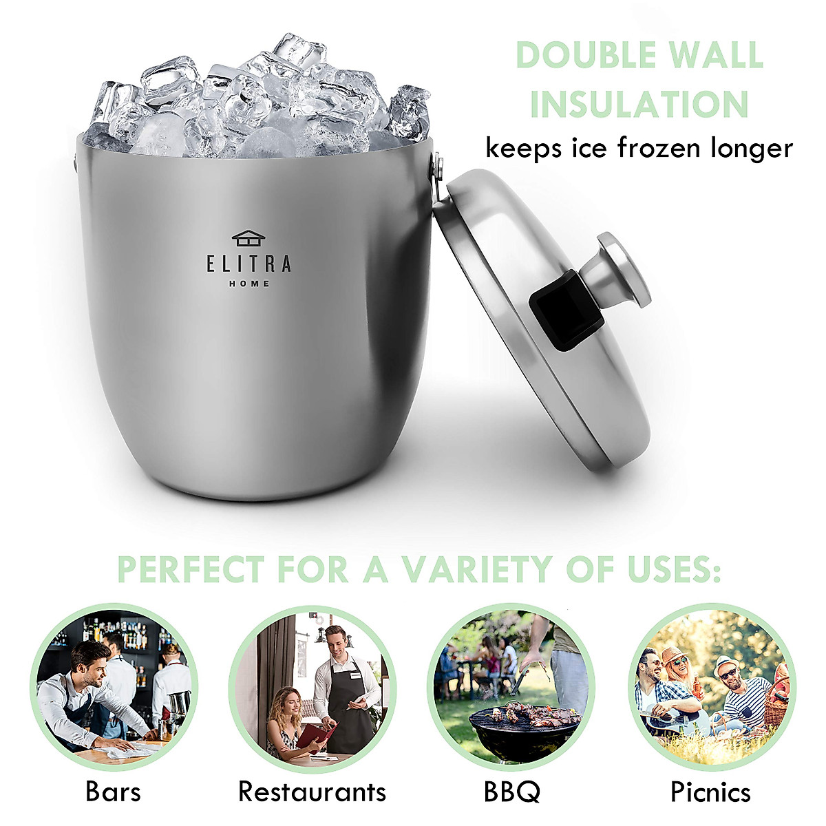 ELITRA Home Stainless Steel Ice Bucket & Wine Chiller with Tongs & Lid - Double Wall Insulated, 3 Liter - Silver