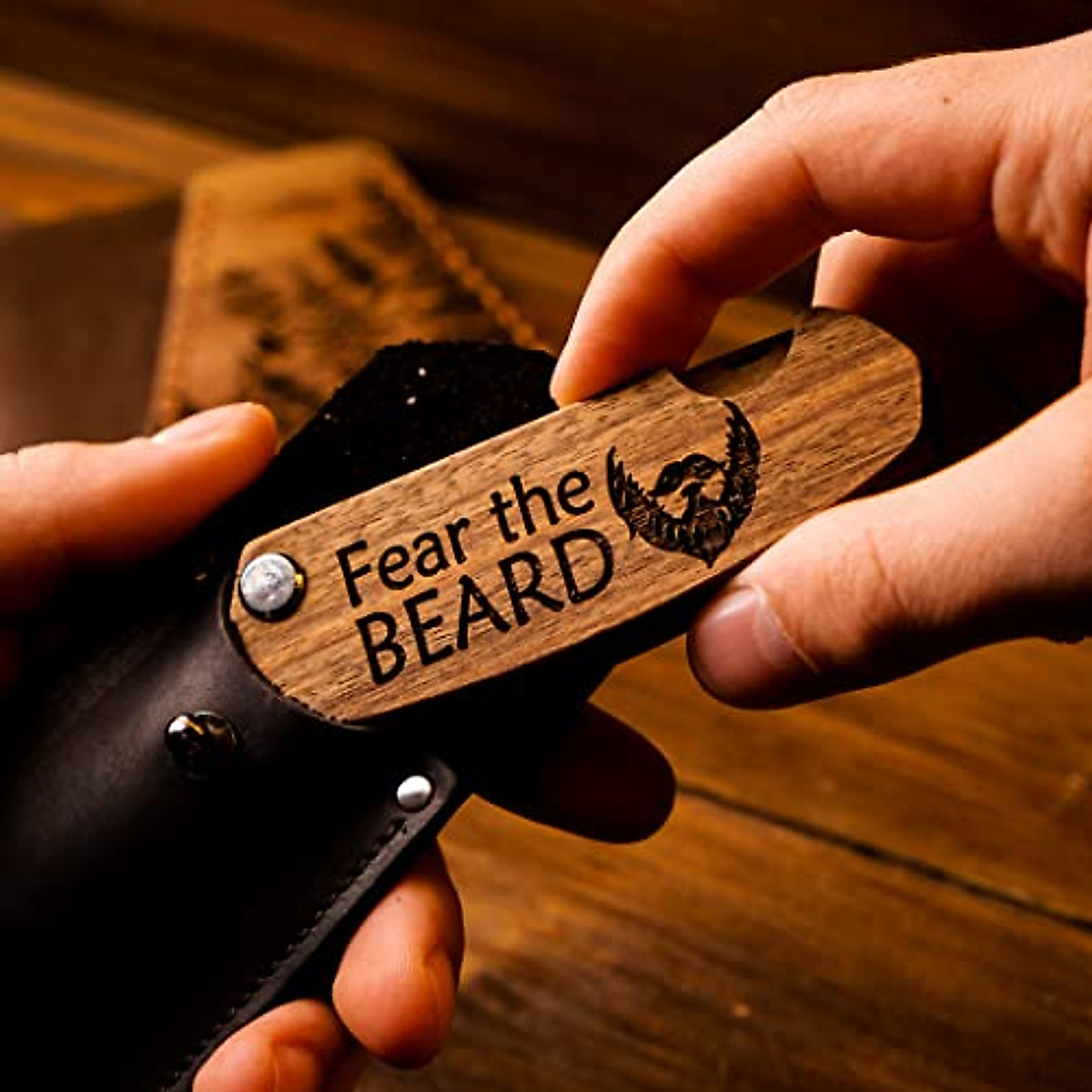 Wooden Beard Comb for Men Folding Pocket Comb for Moustache Beard & Hair Walnut Combs with the Engraving (Fear The Beard)